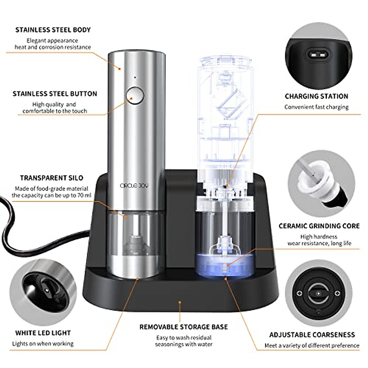CIRCLE JOY Electric Salt and Pepper Grinder Set Stainless Steel Spice Grinder Automatic Pepper Mills with Easy-to-Carry Dual Charging Station, Brush, White Led Light, and Adjustable Coarseness