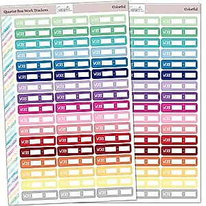 Colorful Work Hours Quarter Box Stickers, Work Shift Tracker Planner Stickers, 1.5" x 0.35" Size, Two Sheets Included, 102 Total Stickers, Daily Schedule