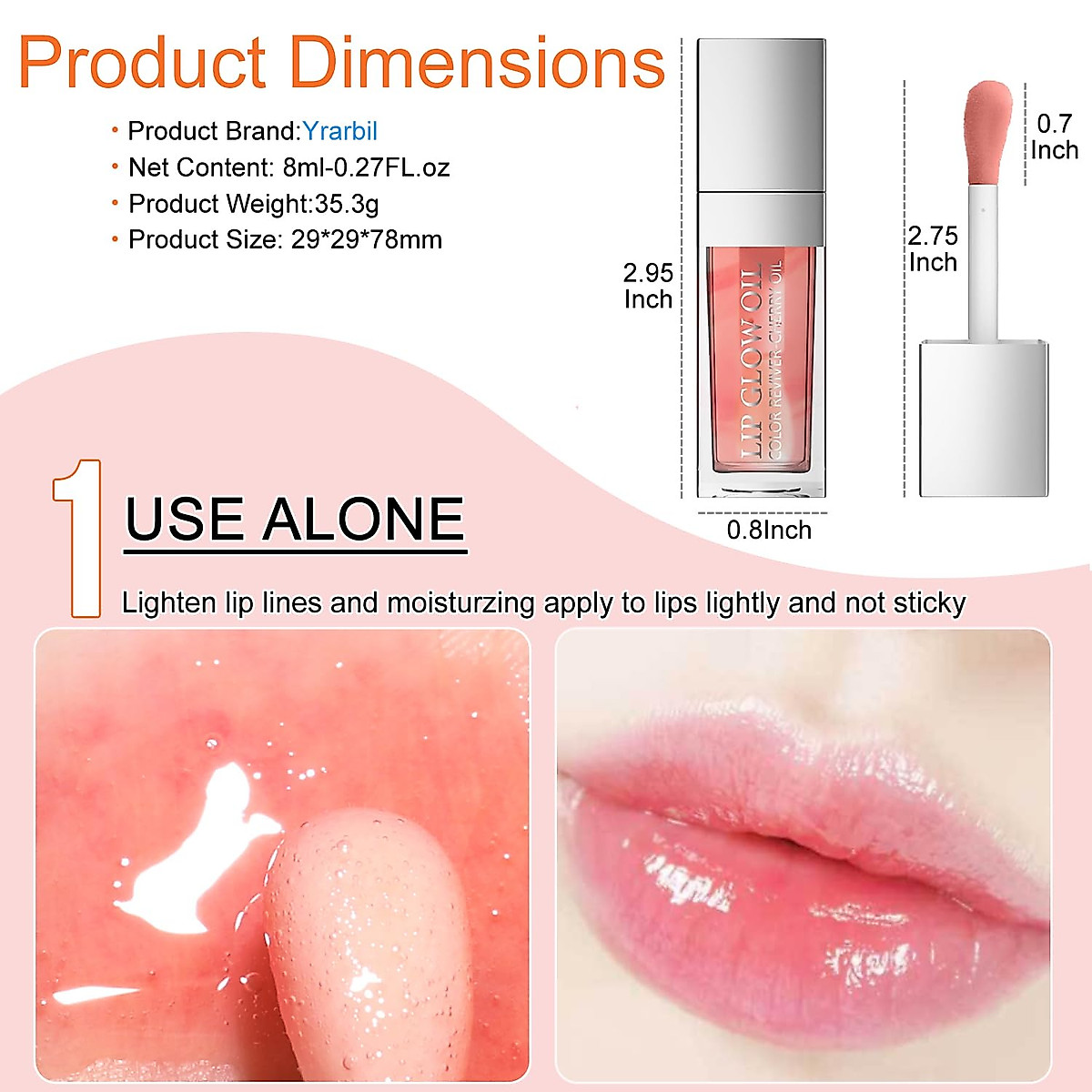 Yrarbil Hydrating Lip Glow Oil, Moisturizing Lip Plumper Gloss, No-Sticky Transparent Plumping Lip Gloss Tinted Lip Balm for Lip Care and Dry Lips (Cherry)