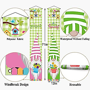 Rainlemon Welcome Hello Spring Gnome Porch Banner Buffalo Check Plaid Stripes Front Door Sign Decoration