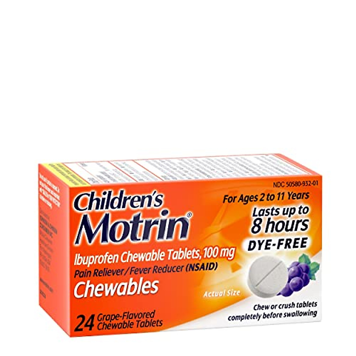 Motrin Children's Dye-Free Ibuprofen Chewable Tablets for Pain & Fever, Grape, 24 Count
