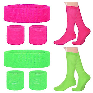 Whaline 10Pcs 90s Neon Party Headband Wristbands Slouch Socks Set Stretchy Cotton Knit Green Rose Red Knee High Socks Sweatbands 80s Style Women Girls Sport Accessories for Yoga Tennis Running