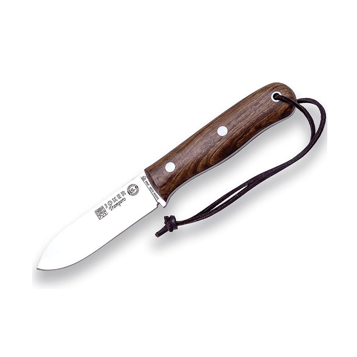 Joker Hunting Knife CN113 Trampero, Walnut Wood Handle, Brown Leather Sheath, 3.94 inches Blade Sandvik Steel 14c28n, Tool for Fishing, Hunting, Camping and Hiking