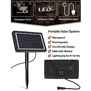 Jevindo Solar Outdoor String Lights, Portable 48ft IP65 Waterproof Patio RGB LED String Lights with 15 LED Bulbs Dimmable Multi-Color, Smart Bluetooth App Control, Balcony, Backyard, Camping, Travel