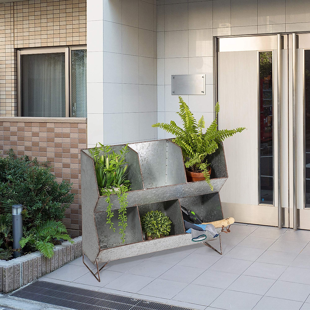 Glitzhome Rustic Metal Galvanized Organizer with 6 Cube, Farmhouse Standing Storage Shelf with 6 Bins, Stand Shelf with Compartment for Home Decoration