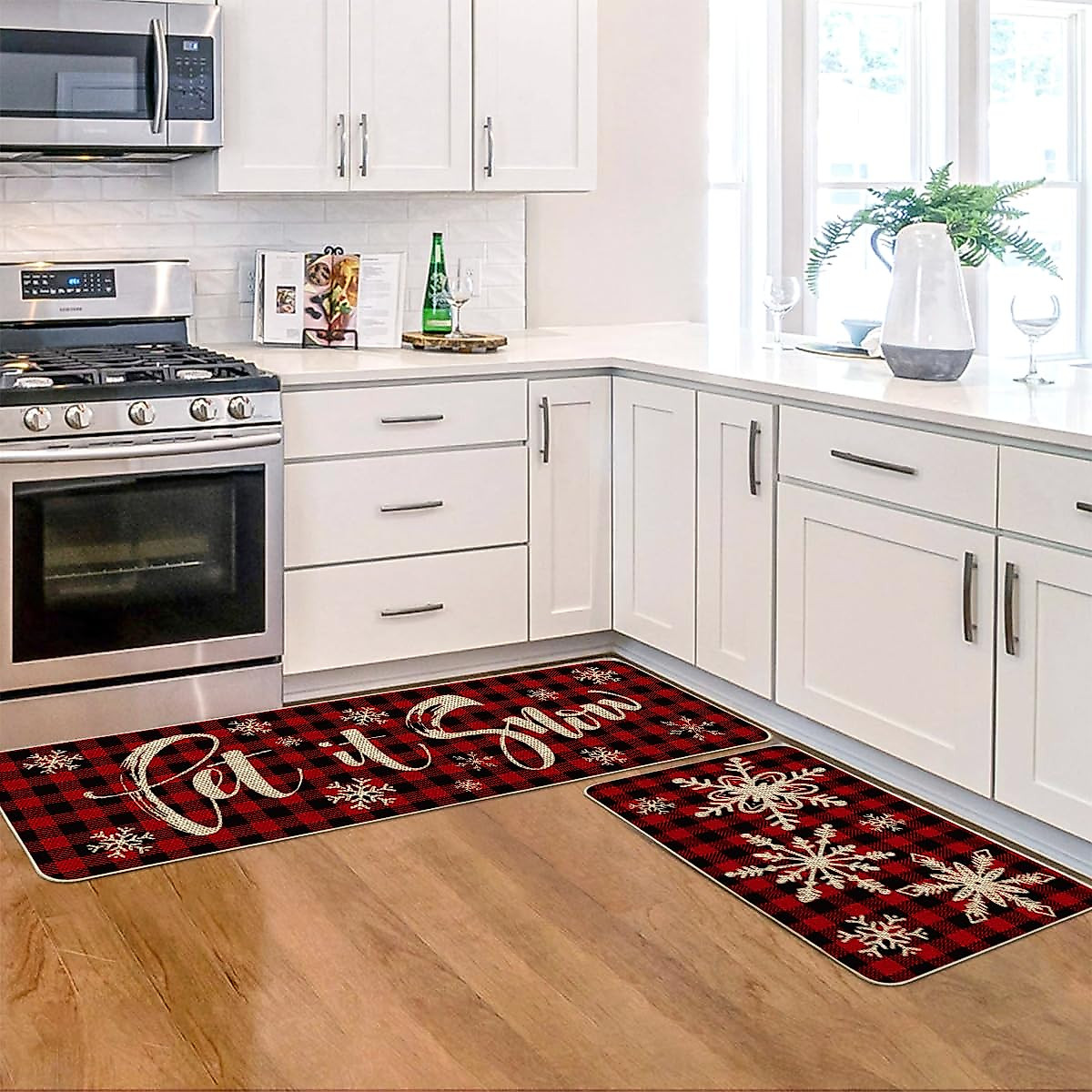 Artoid Mode Buffalo Plaid Snow Christmas Kitchen Rugs Set of 2, Let It Snow Xmas Winter Holiday Party Low-Profile Floor Mat Decorations for Home Kitchen - 17x29 and 17x47 Inch