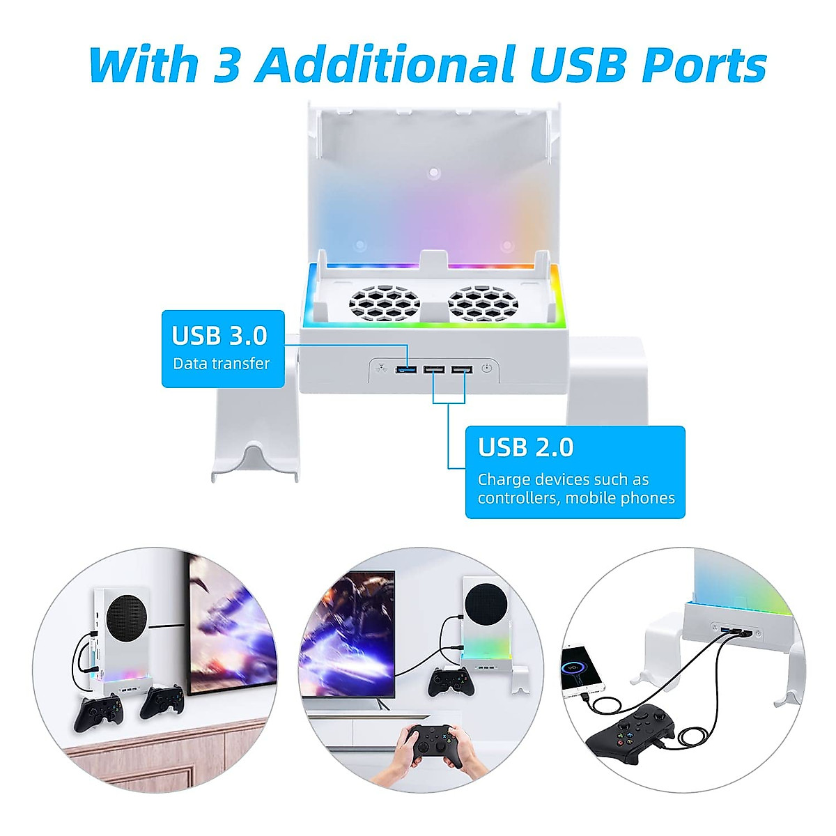 Mcbazel Wall Mount Kits with Cooling Fan for Xbox Series S, RGB Color LED Cooling System Stand with 3-Level Adjustable Speed, Extra 3 USB Port & 2 Controller Holder