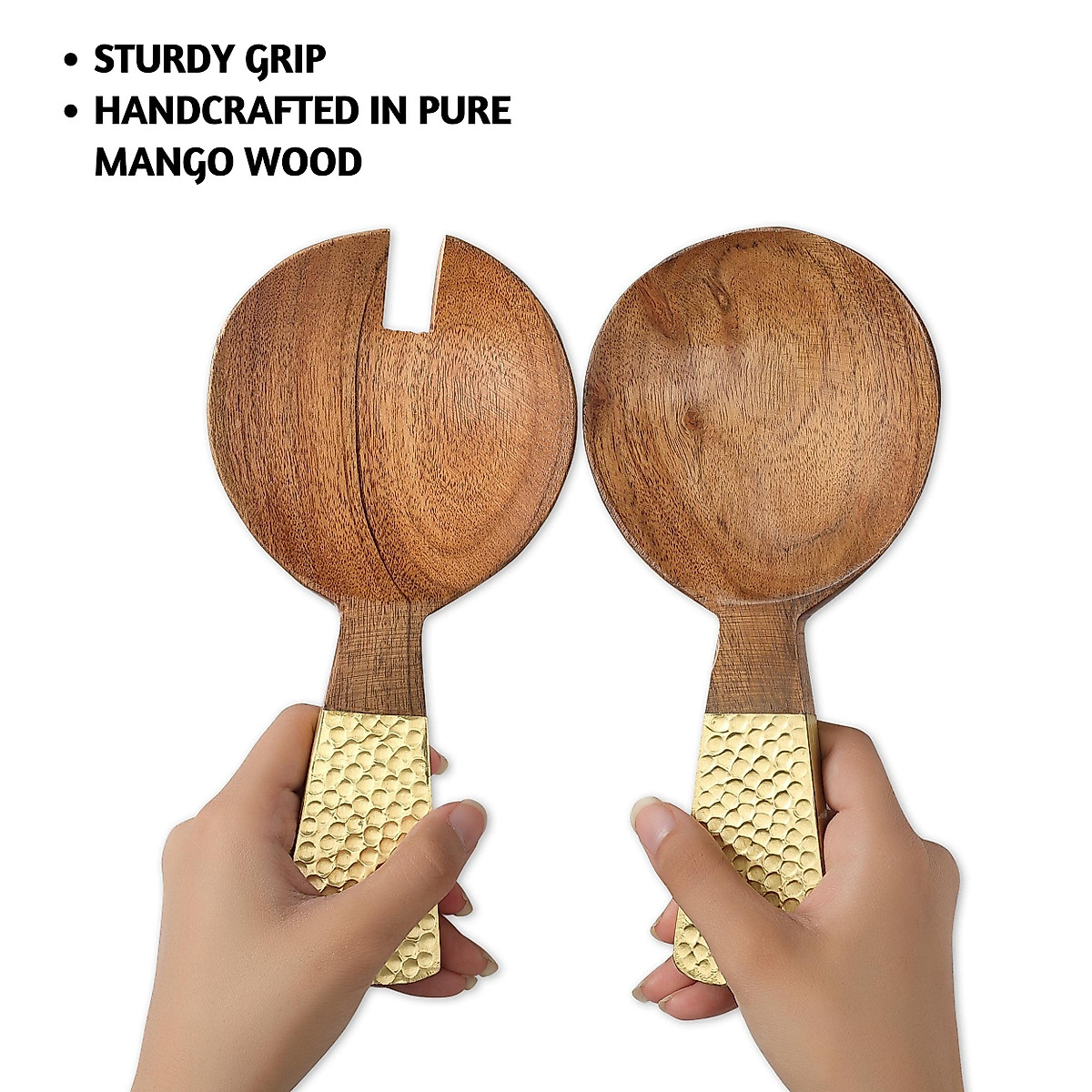 Folkulture Salad Hands or Salad Servers, Set of 2 Salad Claws for cooking, Kitchen Utensils or Serving Spoons, Wooden Salad Tongs 8 X 4 Inch Spoon and Fork Set (Acacia Wood with Hammered Brass)