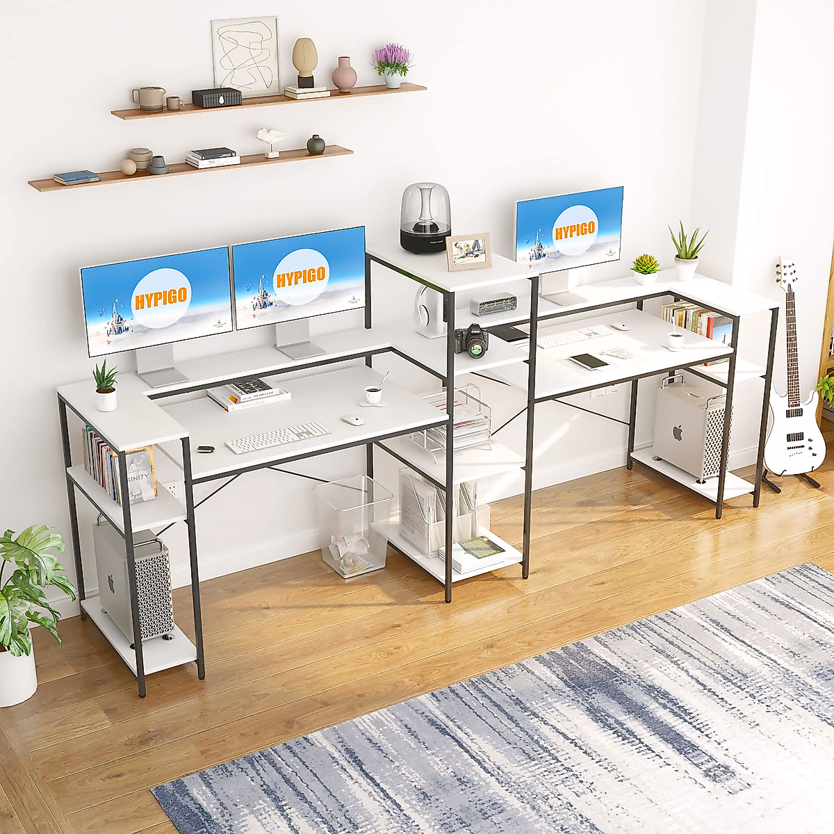 HYPIGO 109 Inches White Double Computer Desk, Extra Long Two Person Desk Workstation with Storage Shelves & Monitor Stand, Large Office Desk Study Writing Table for Home Office