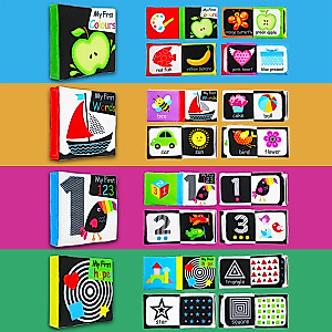 Baby First Soft Activity Cloth Book Set, High Contrast Black and White Interactive Crinkle Soft Book Bundle for Infant, Baby Early Education for Brain Development with Numbers, Words, Shapes, Colors