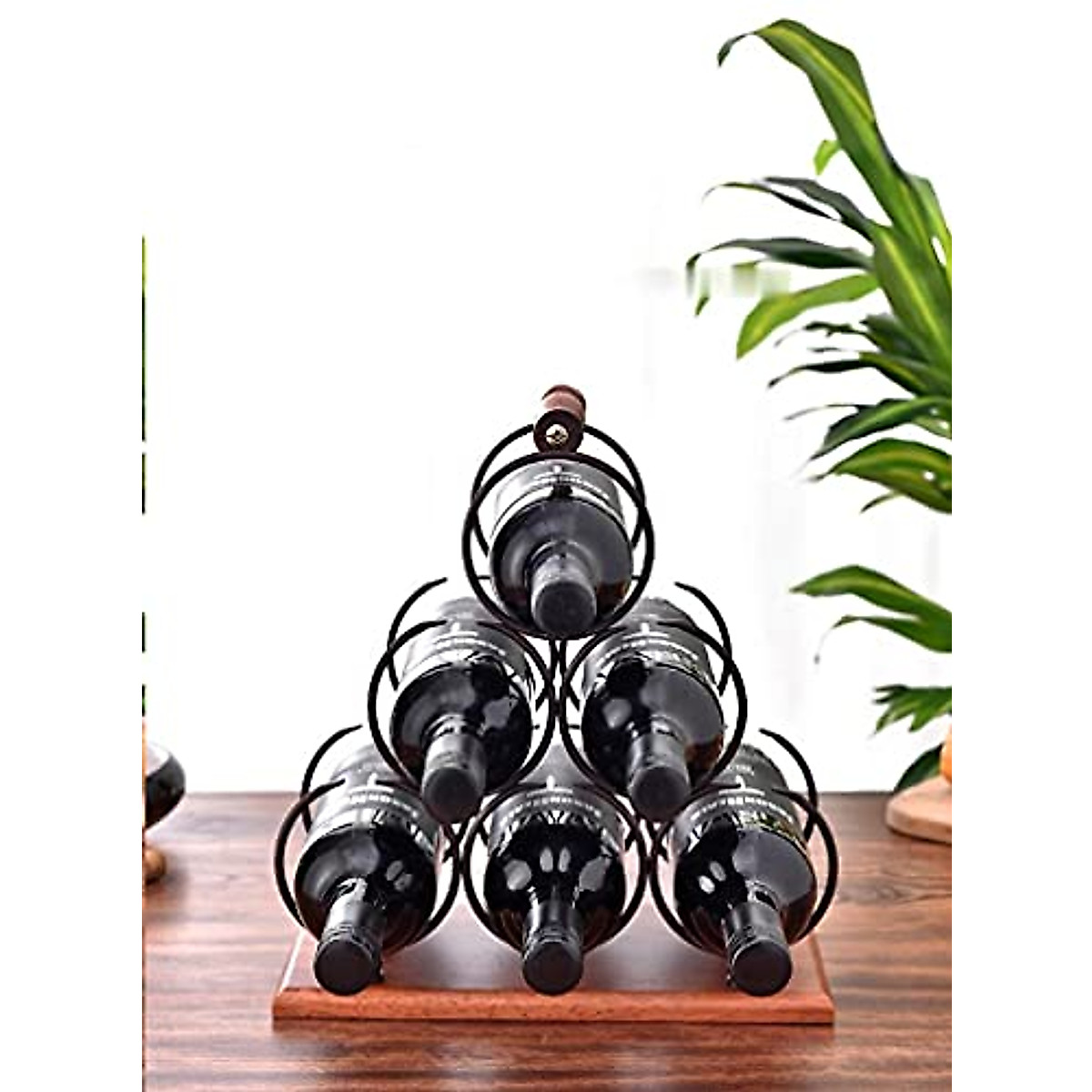 Fadak Countertop Wine Rack, Tabletop 6 Bottles Wood Wine Holder, Sturdy Handle, 3-Tier Rustic Classic Design, Simple Assembly, Wood & Metal (Bronze)