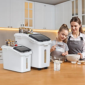 YITAHOME 65L/117lbs Large Ingredient Storage Bins, Commercial 11.4+5.8 Gal Rice Flour Storage Container, Organizer Storage Bin with Measuring Cup, Scoop and Wheels for Kitchen, White & Black Lid