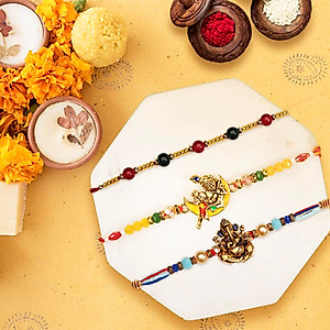 IndoTribe, Rakhi For Brother with Gift Set - Set of 5, Rakhi For Brother with Card, Roli Chawal | Rakhi for Brother and Bhabhi | Rakhi Hamper For Brother | Bhaiya Bhabhi Rakhi | Raksha Bandhan Rakhi