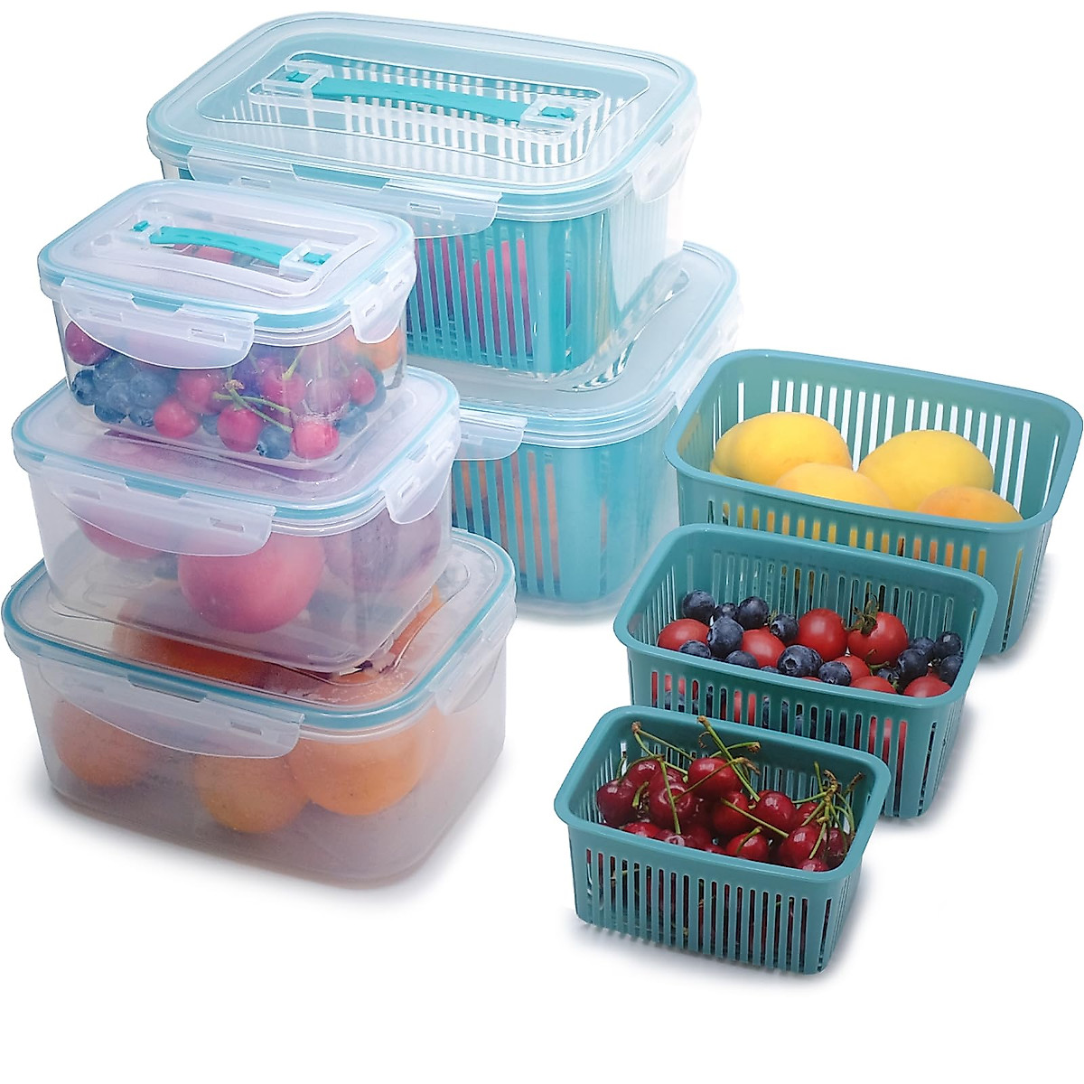 PLHG 5 Pack Fruit Storage Containers for Fridge Removable Colanders, Refrigerator Organizer for Salad Berry Lettuce Vegetables Produce Saver Container with Lid, Microwave, Dishwasher Safe
