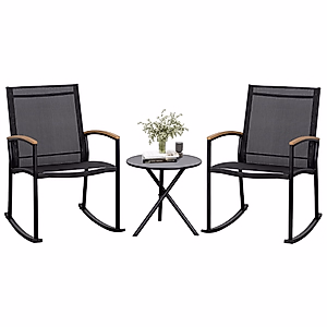 JAMFLY 3 Pieces Patio Set Outdoor Patio Furniture Sets, Modern Rocking Bistro Set Textilene Chair Conversation Sets with Detachable Pedal and Coffee Table (Black)