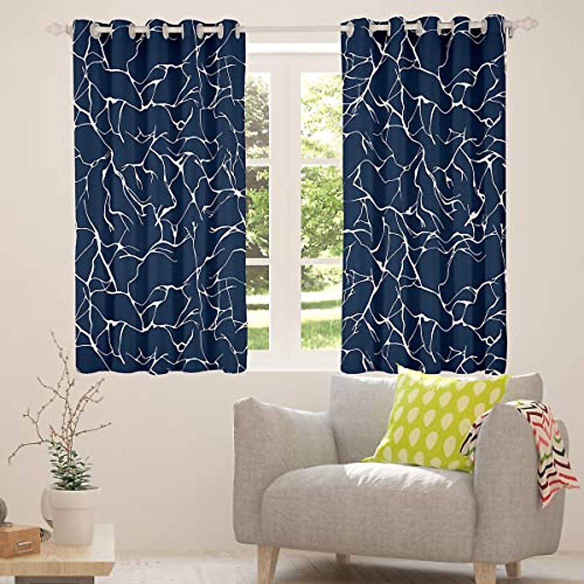 Erosebridal Silver Metallic Marble Blackout Curtains 104"X84" Navy Blue Silver Glitter Curtains,Abstract Marble Texture Design Curtains & Drapes Marble Home Decor