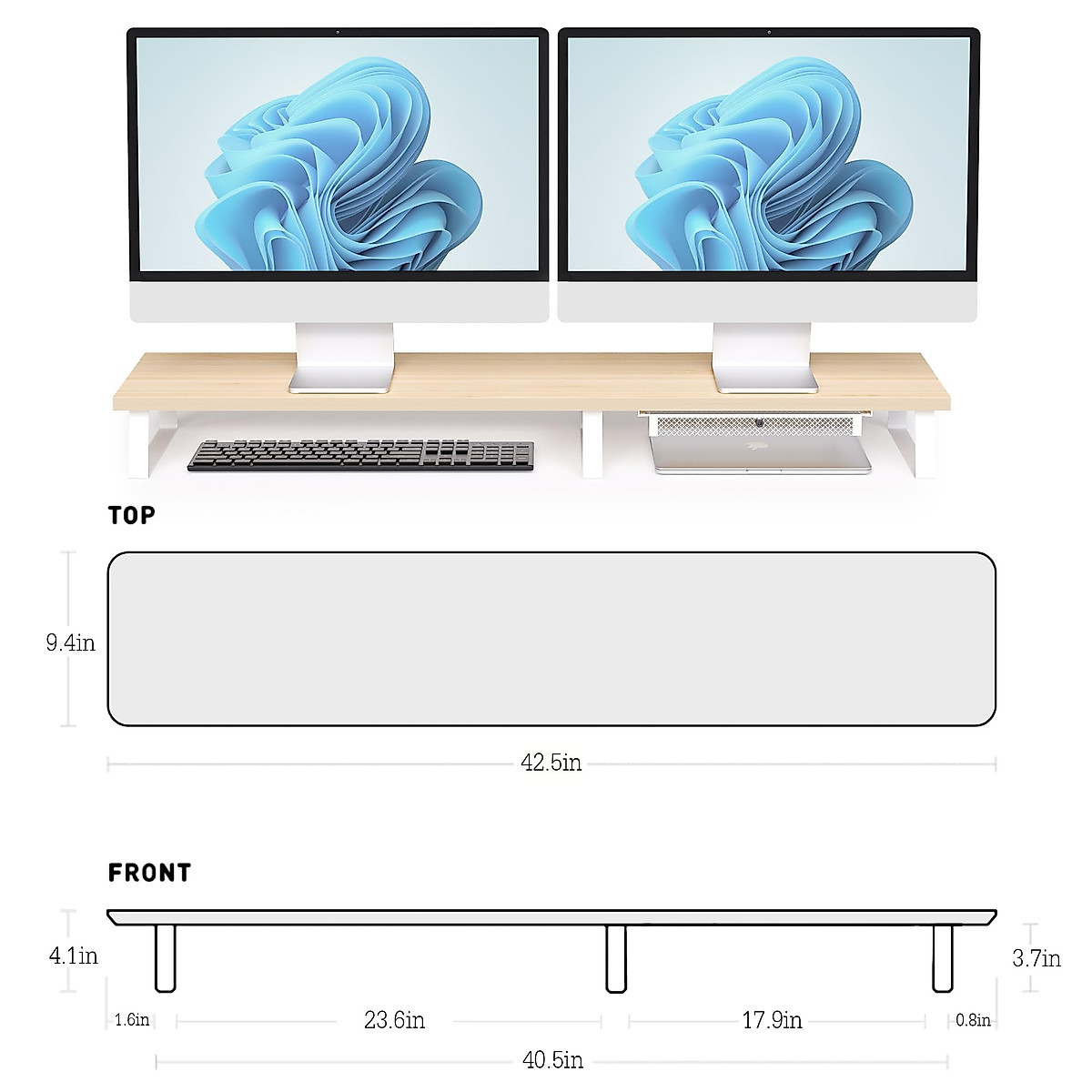 Large Dual Monitor Stand Riser - Monitor Stand for 2 Monitors, Wooden Computer Stand For Desk with Metal Legs, Desk Organizers and Storage With Drawer, Desk Shelf for Computer/Laptop/Printer/TV, Oak