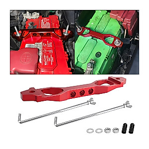 AICEL Battery Hold Down Sets, Billet Aluminum Alloy Car Battery Tie Down Bracket, Automotive Crossbar Holder Lock Mount with Galvanized Iron J Bolts, Car Accessories for Most Vehicles (Red)
