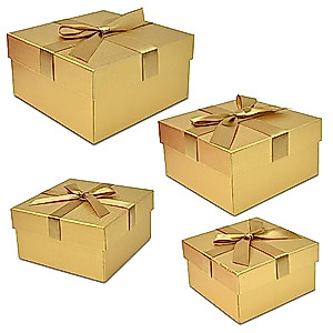 Set Of 4 Gold Square Gift Boxes with Ribbon Bow Assorted Sizes Nesting Christmas Box Durable Cardboard Reusable for Wrapping Gifts Holiday Wedding Present Bridesmaid Bridal and Baby Shower Anniversary