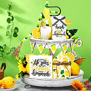 10 Pcs Tiered Tray Decor Fresh Wooden Tiered Try Decor Kitchen Decor Signs Wood Standing Sign Farmhouse Bead Garland Banner for Summer Peach Lemon Watermelon Strawberry Cherry Decor (Fresh Lemon)