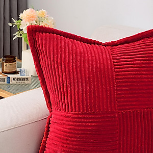 HAUSSY Red Large Decorative Throw Pillow Covers 26x26 Inch Set of 2,Soft Solid Corduroy Striped Cushion Case,Square Euro Pillow Shams,Winter Home Decorations for Couch,Bed