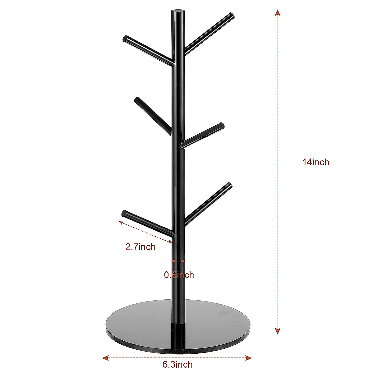 Patelai 14 Inch Coffee Mug Tree Mug Rack Cup Holders for Counter with 6 Hooks Removable Mug Stands (Black,Acrylic)