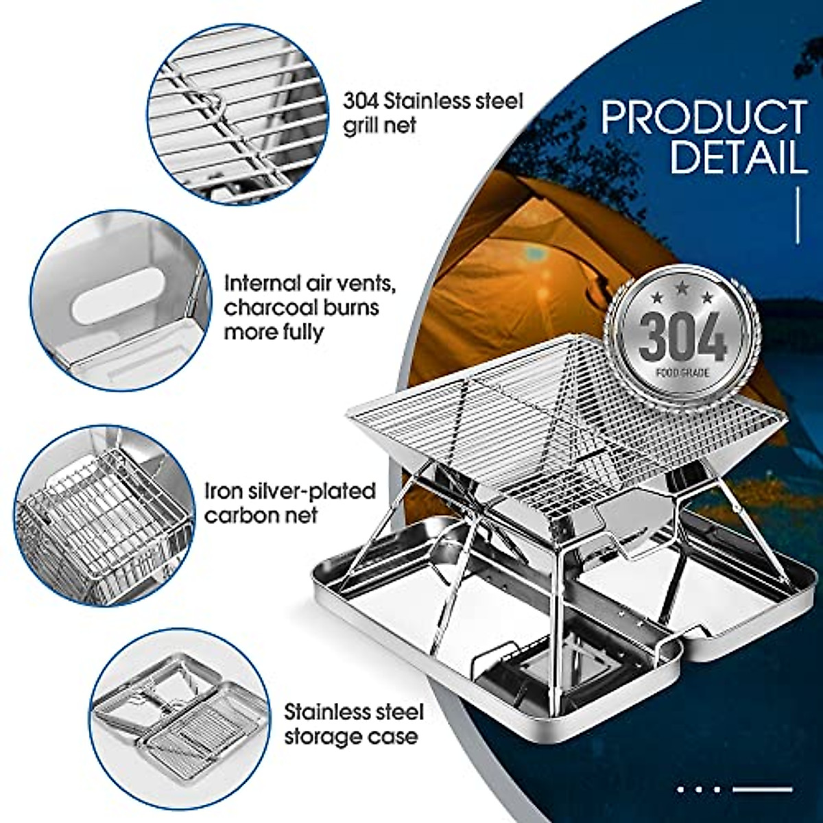 Fltom Portable Charcoal Grill, Folding Stainless Steel Camping Fire Pit, Backpacking Grill for Outdoor Cooking Hiking Camping Picnics