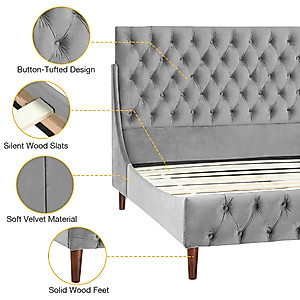 affeivul King Bed Frame and Headboard, King Size Platform Bed Frame No Box Spring Needed, Upholstered Bed Frame King with Cotton and Velvet, Low Storage, Modern Design and Wood Slats - Grey