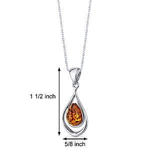 PEORA Genuine Baltic Amber Pendant Necklace for Women 925 Sterling Silver, Open Teardrop Pear Shape, Rich Cognac Color, with 18 inch Chain