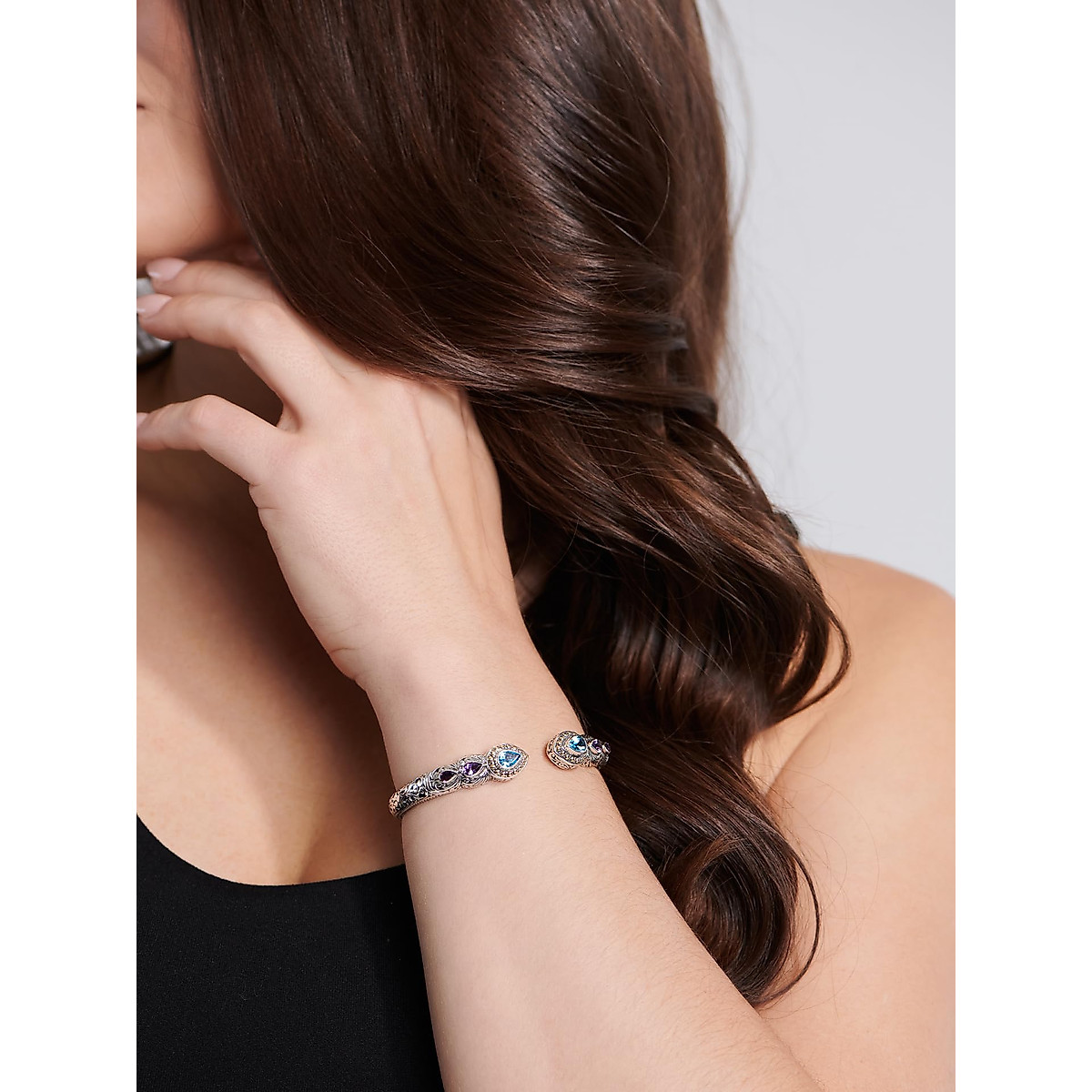 DEVATA Sterling Silver 925 and 18K Gold with Citrine Bali Filigree Cuff Bracelet DHK3226ACT (Size M)