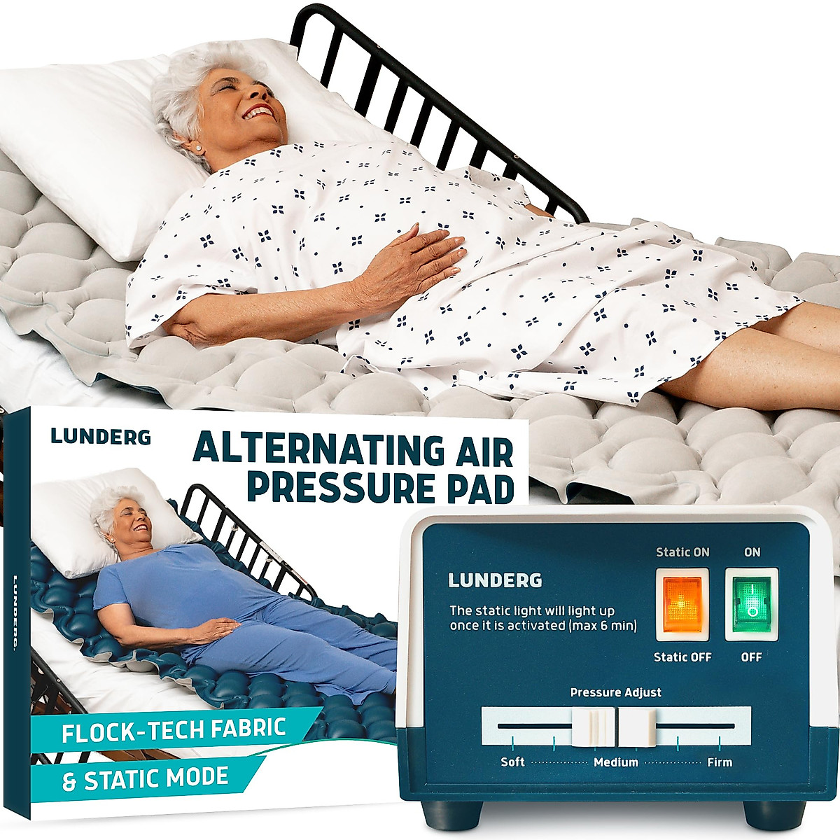 Lunderg Alternating Air Pressure Mattress Pad with Static Mode & Flocking - Comfortable Bed Sore Prevention - Includes Mattress Topper for Hospital Bed or Home & Quiet Pump - Recommended by Doctors