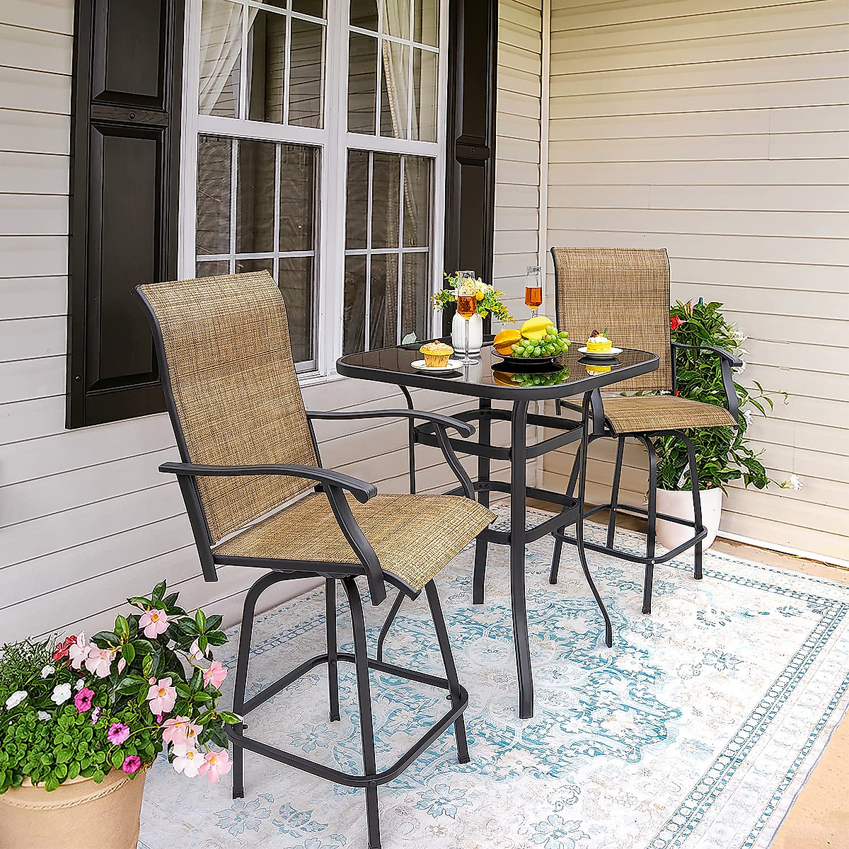 Devoko Patio Swivel Bar Set 3 Pieces Patio High Top Bar Table and Stools Chairs Set Textilene Sling Fabric Outdoor Bar Stools Set of 2 for Garden, Balcony