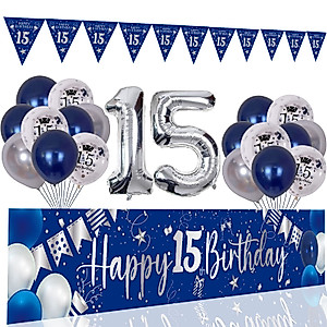 15th Birthday Decorations for Boys and Girls Blue, Happy 15th Birthday Backdrop Banner Balloons 15 Years Old Party Supplies with HAPPY BIRTHDAY Banner Silver 15 Birthday Decor 15th Bday Women Her Him