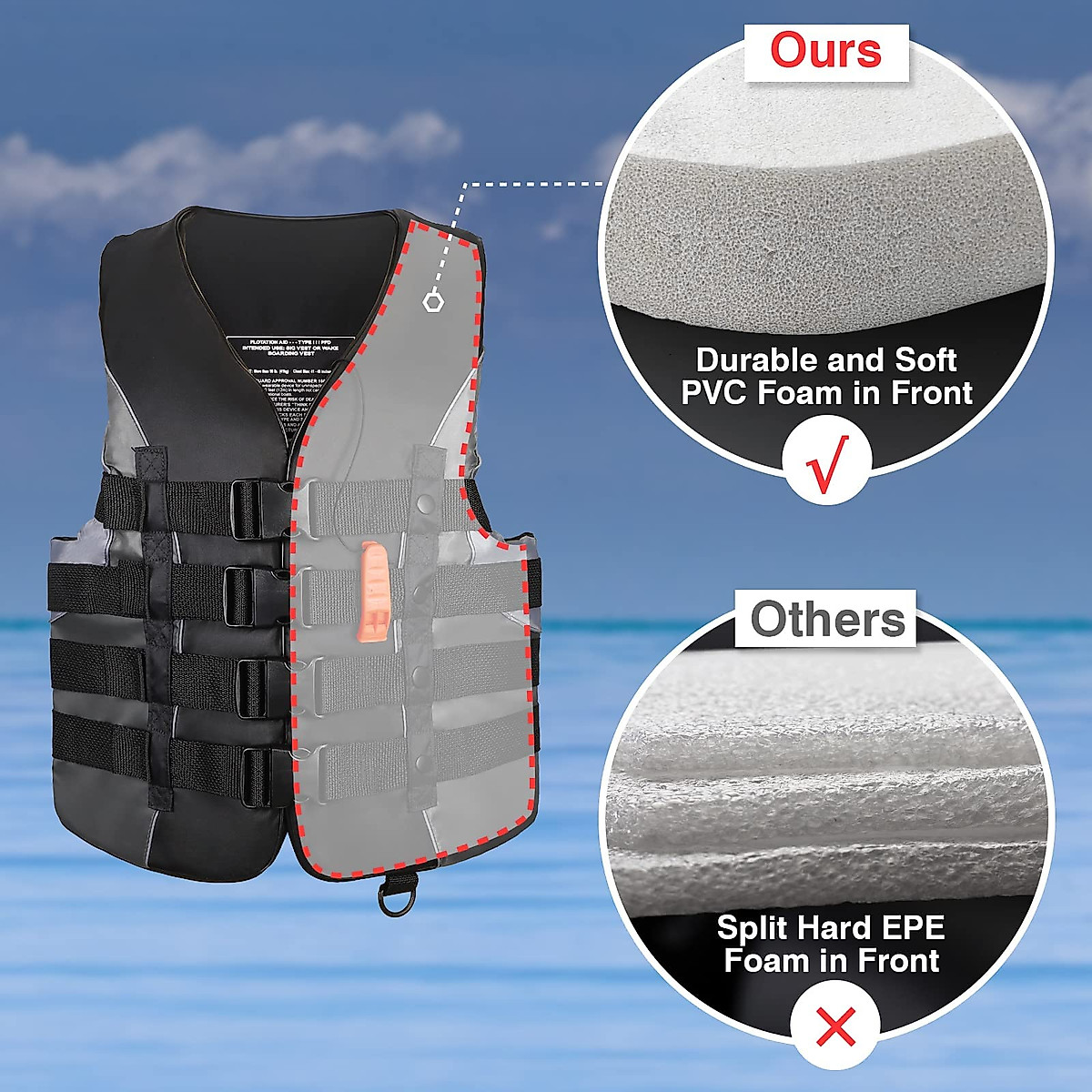 Leader Accessories Adult Universal Personal Flotation Device USCG Approved Life Jacket Vest (Black, 3XL)