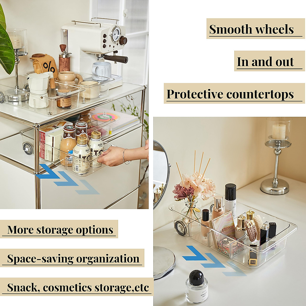 Attelite RollOut Refrigerator Drawer Organizer and Storage Clear Design with Dividers, Fridge Organizer on Wheels, Upgrade Thick Plastic Pantry Storage Bins, Kitchen Organization 2 Set