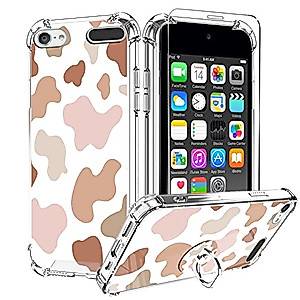 KANGHAR iPod Touch 7/6/5 Case, Cute Cow Print with Screen Protector,Kickstand Ring Holder Soft TPU Bumper Shockproof Cover for iPod Touch 5th/6th/7th Generation-Pink Brown
