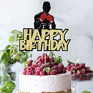 Happy Birthday Cake Topper，Black Glitter Boxing Cake Decorations，Sports Birthday Theme Party Cake Decoration Supplies