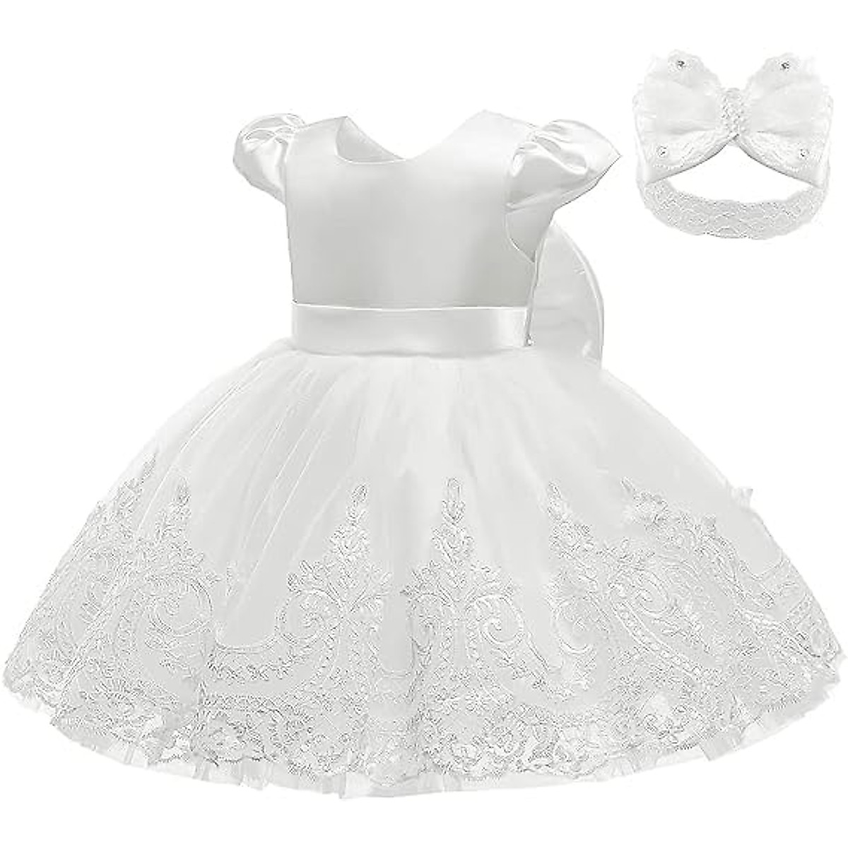 3M-3T Toddler Baby Girls Dress Pageant Wedding Flower Girls Dress Formal Gowns Embroidered Lace Dress + Headwear