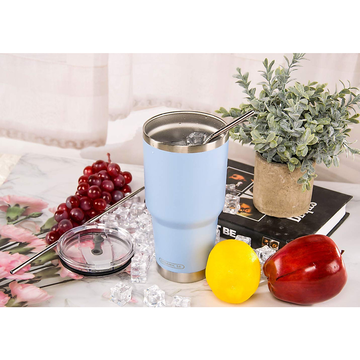 Product Image 30oz Blue Tumbler Stainless Steel Double Wall Vacuum Insulated Mug with Straw and Lid, Cleaning Brush for Cold and Hot Beverages