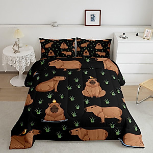jejeloiu Full Size Capybara Stuffed Animal Bedding Set Boys Girls Capybaras Comforter Set for Kids Ultra Soft Animals Lovers Comforter Kawaii Duvet Set Room Decor Quilt Set