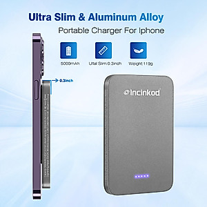 Incinkod 5000mAh Portable 15W Wireless Magnetic Power Bank,Aluminum Alloy Fast Charging Charger,Sliver Ultra-Thin Mini Lightweight External Battery Pack Compatible for MagSafe iPhone 11 12 13 14 15