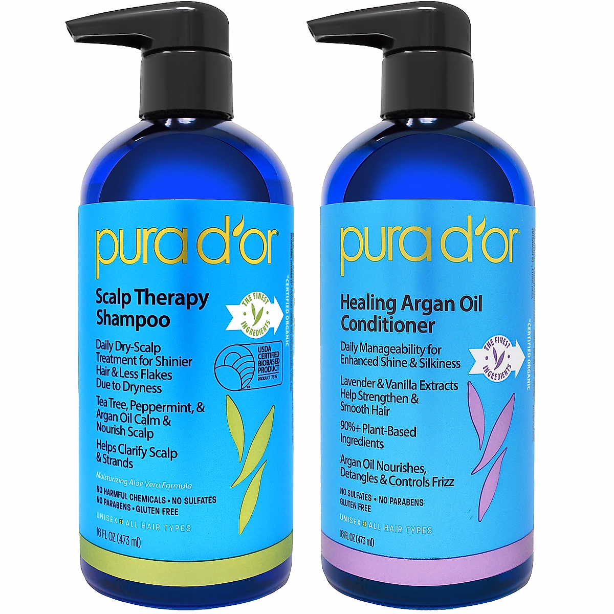 PURA D'OR Scalp Therapy Shampoo & Conditioner Set (16oz x 2) Dry, Itchy Scalp-Hydrates & Nourishes Hair w/Tea Tree, Peppermint, Argan Oil & Biotin, All Hair Type, 3 in 1, Men Women (Packaging Varies)