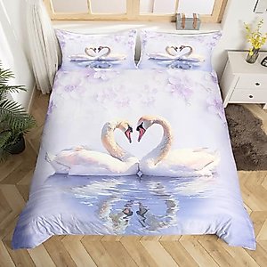 Swan Couple Bedding Set,Valentine's Day Comforter Cover Set for Teens Women Room Decor,Romantic Love Duvet Cover Breathable Purple Flowers Bedspread Cover Full Size