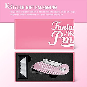 FantastiCAR Folding Utility Knife, Box Cutter Plume Type Metal Body, with Safety Lock and 5-Piece Extra Blades (Pink)