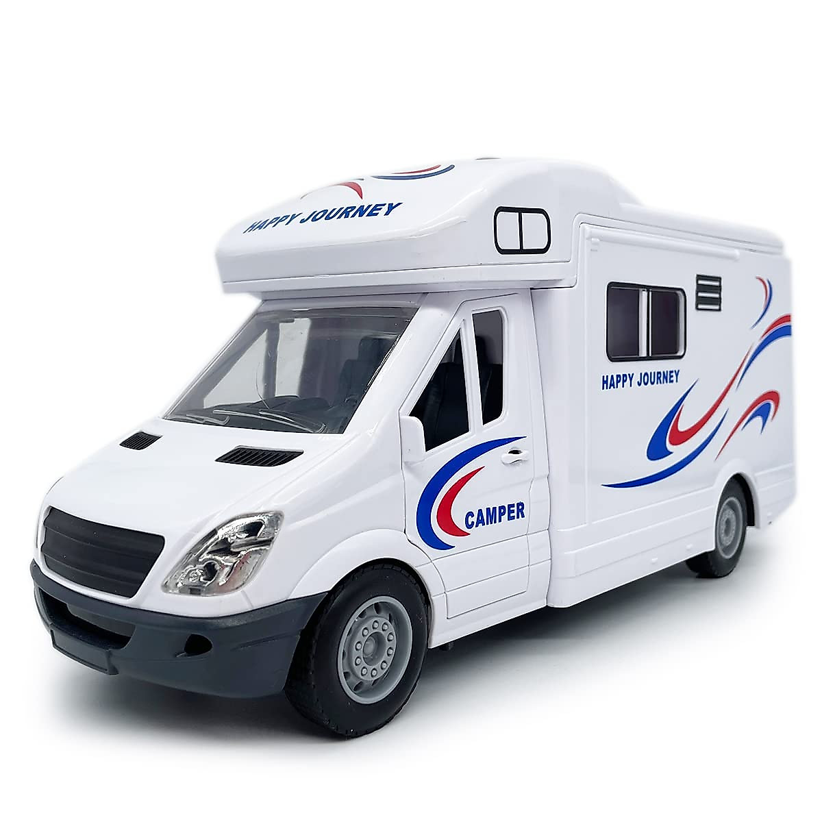 Toy Camper RV Motorhome Toys for Boys Toy Car Model Cars Recreational Vehicle Holiday Travel Adventure, Friction Powered, Roof and Doors Open, Light Sound, 3 4 5 6 Years Old Kids Girls Gifts, white