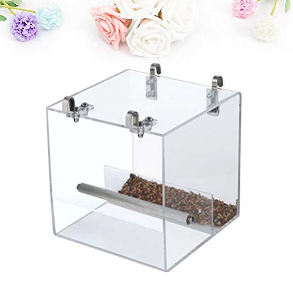 Baluue Automatic Bird Feeder No Mess Bird Cage Feeder, Acrylic Bird Cage Feeder Hanging Bird Feeder with Hooks 6.2 inch Square Bird Feeder