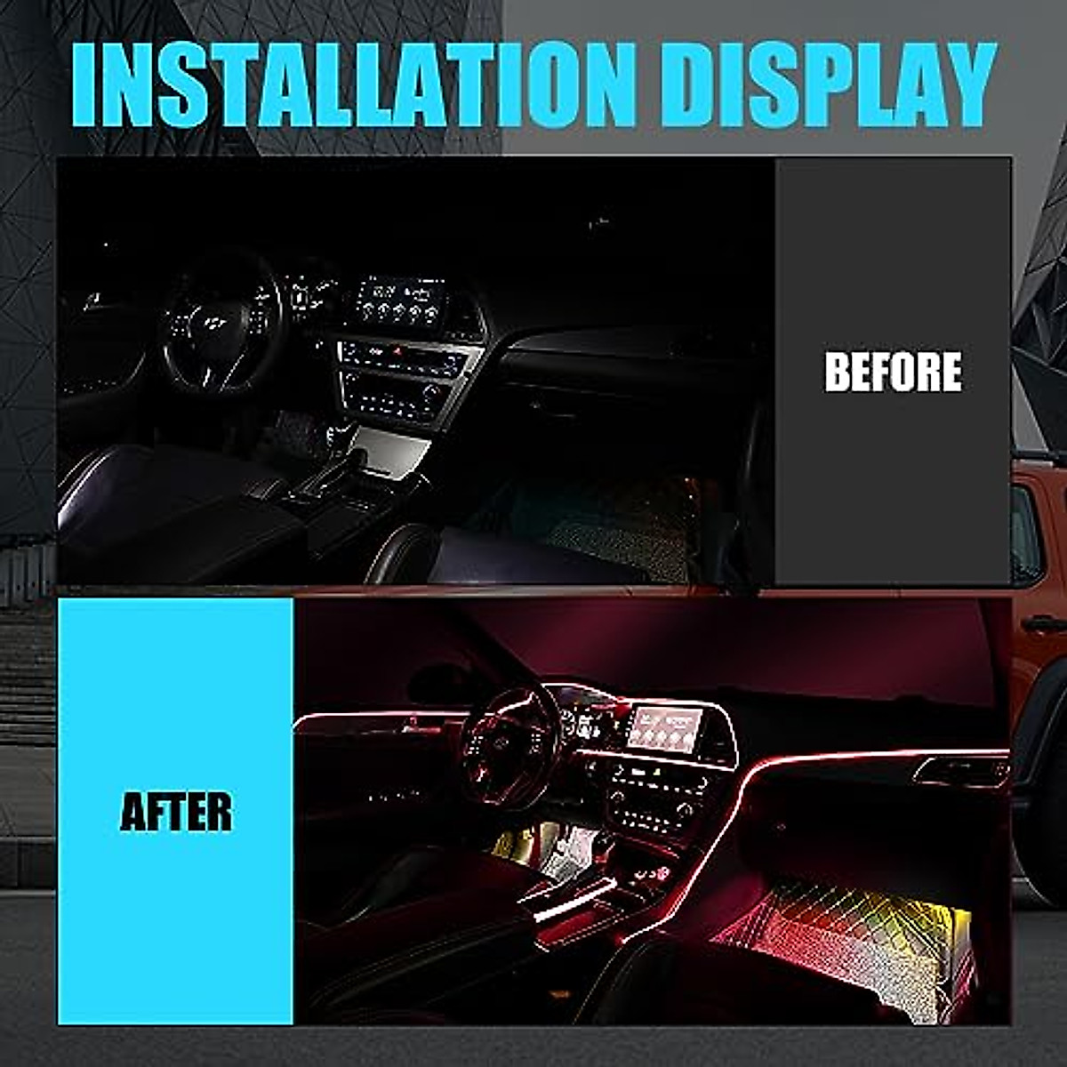Jawmoy 1 PC Low Energy Consumption Electroluminescent Wire, USB Auto Neon Light Strip, EL Wire Interior Car Led Strip Lights, Car Ambient Lighting Kits, for Most Vehicles (Red)