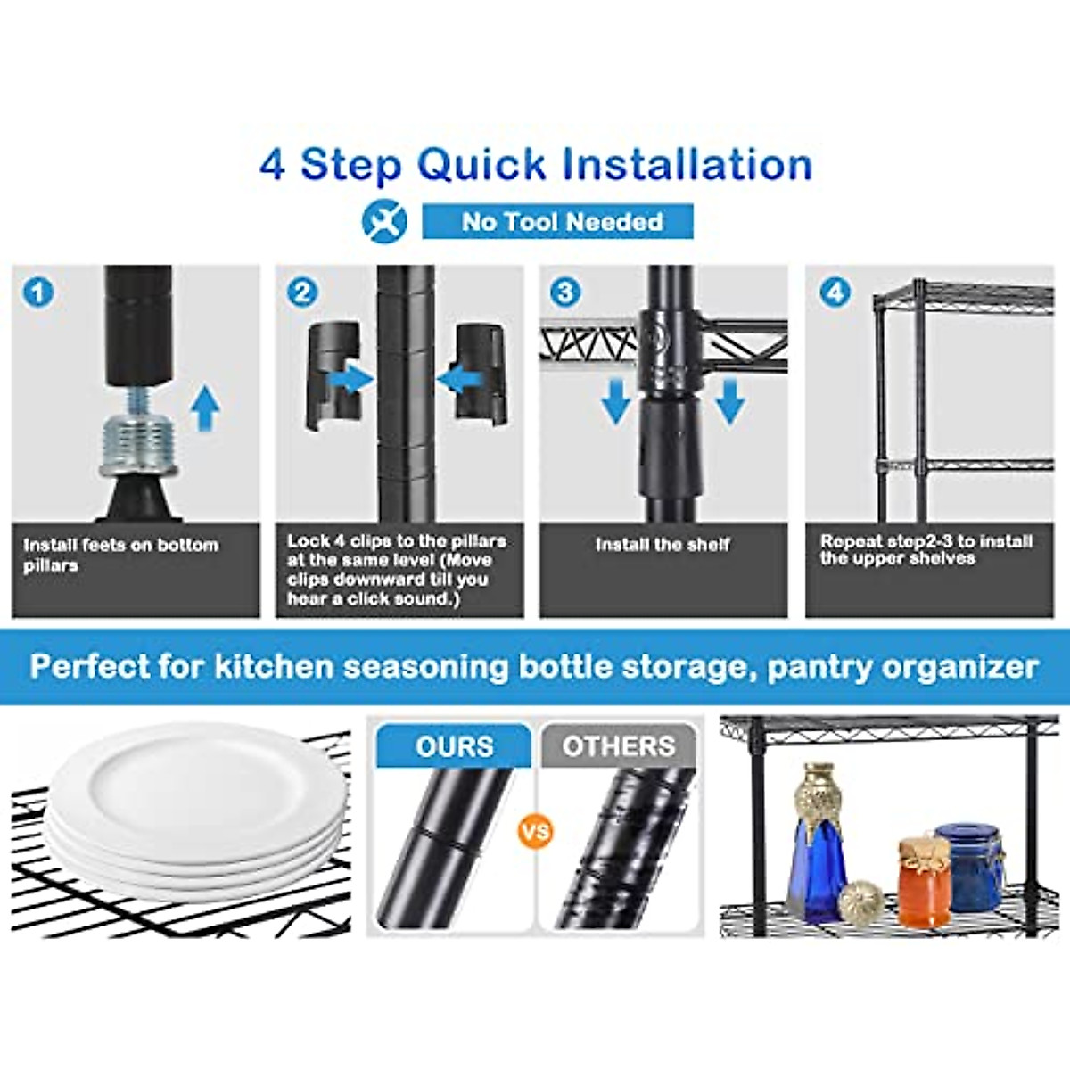 BIQWBIC 6 Tier Storage Shelf Wire Shelving Unit, Adjustable Shelves Standing Metal Storage Rack for Kitchen Pantry Closet, Steel Storage Shelves Display Organizer Rack, 17" Lx12 Wx63 H, Black