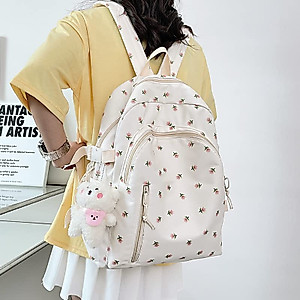 Floral Backpack with Kawaii Plush Puppy Pendant Accessories Cute Multi-Pockets Aesthetic Back to School Bookbag Laptop (White)