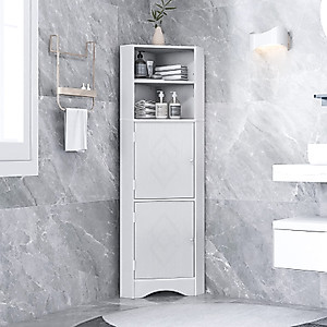 ANTSKU Tall Bathroom Corner Cabinet, Corner Bathroom Storage Cabinet with Doors and Adjustable Shelves, Slim Bathroom Floor Corner Cabinet for Kitchen, Bathroom, Living Room (White)